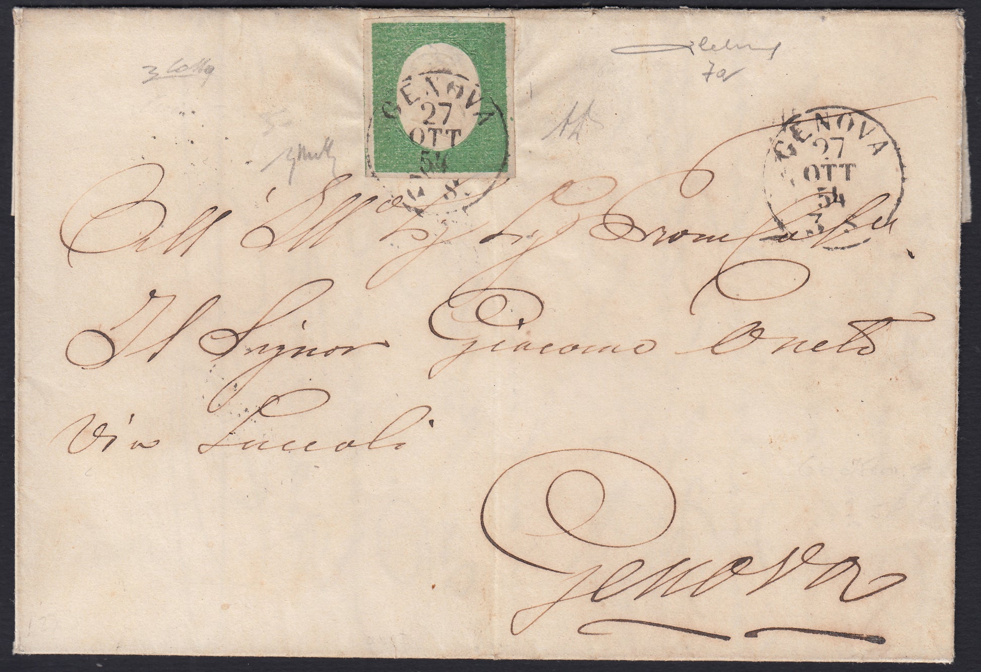 ES2512_16 - 1854 - III emissione c. 5 verde azzurro isolato su lettera ...